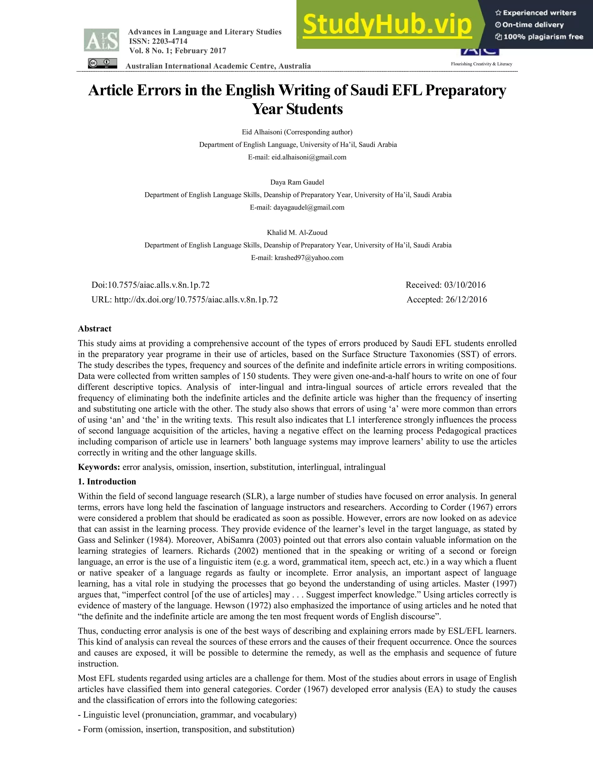 Article Errors In The English Writing Of Saudi EFL Preparatory Year ...