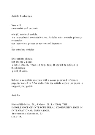 Article EvaluationYou will summarize and evaluateone (1).docx | Education