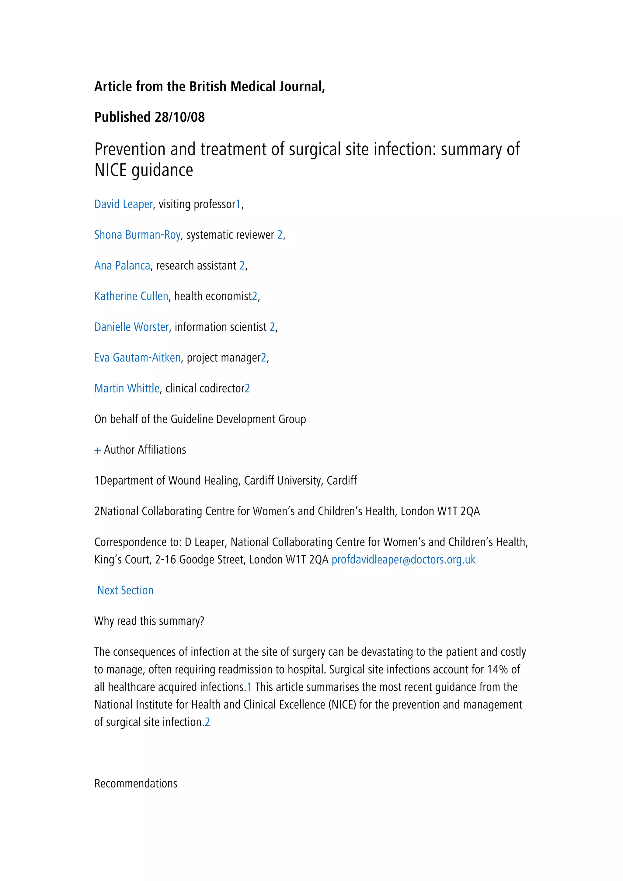 Article from the british medical journal summary of nice ssi guidelines ...