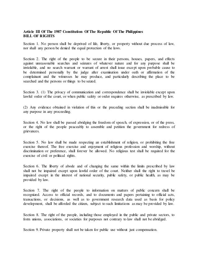 Article Iii Of The 1987 Constitution Of The Republic Of The Philippin Article Iii Of The 1987 Constitution Of The Republic Of The Philippin
