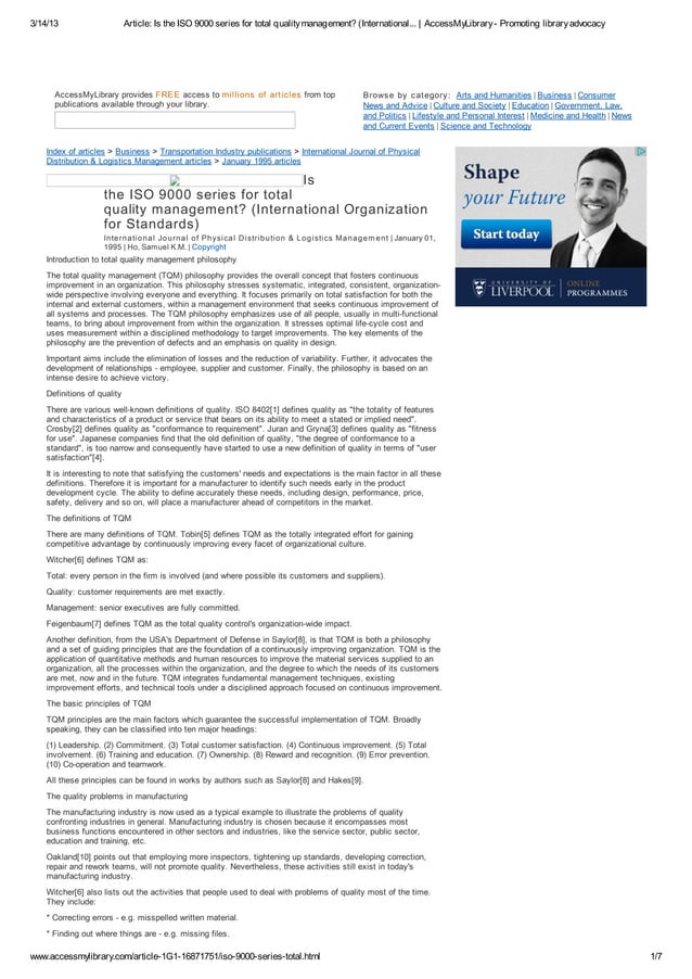 Article is the iso 9000 series for total quality management (international.. | PDF