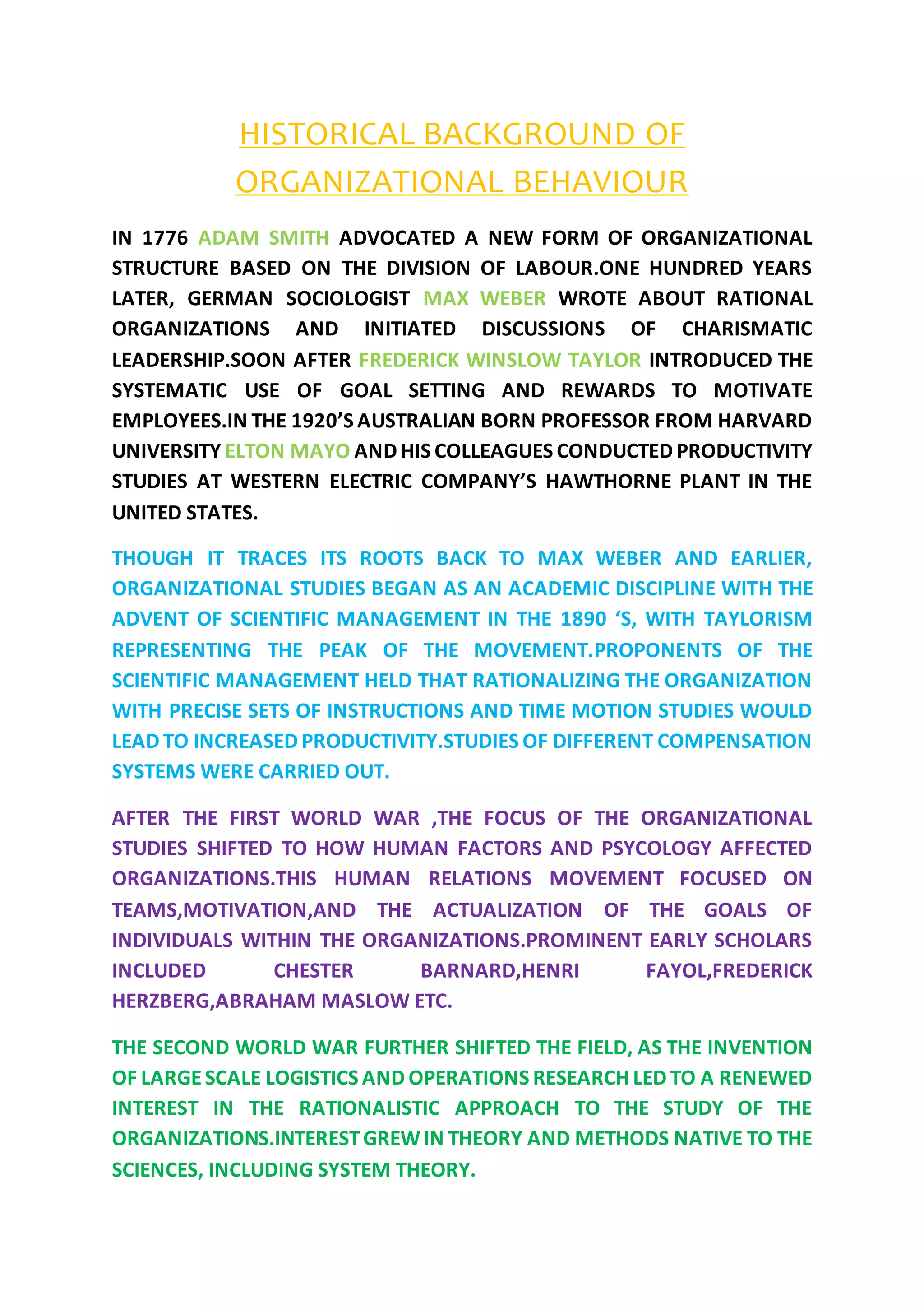 HISTORICAL BACKGROUND OF ORGANIZATIONAL BEHAVIOUR | DOCX