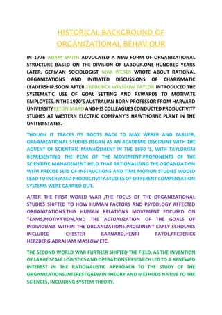 HISTORICAL BACKGROUND OF ORGANIZATIONAL BEHAVIOUR | DOCX