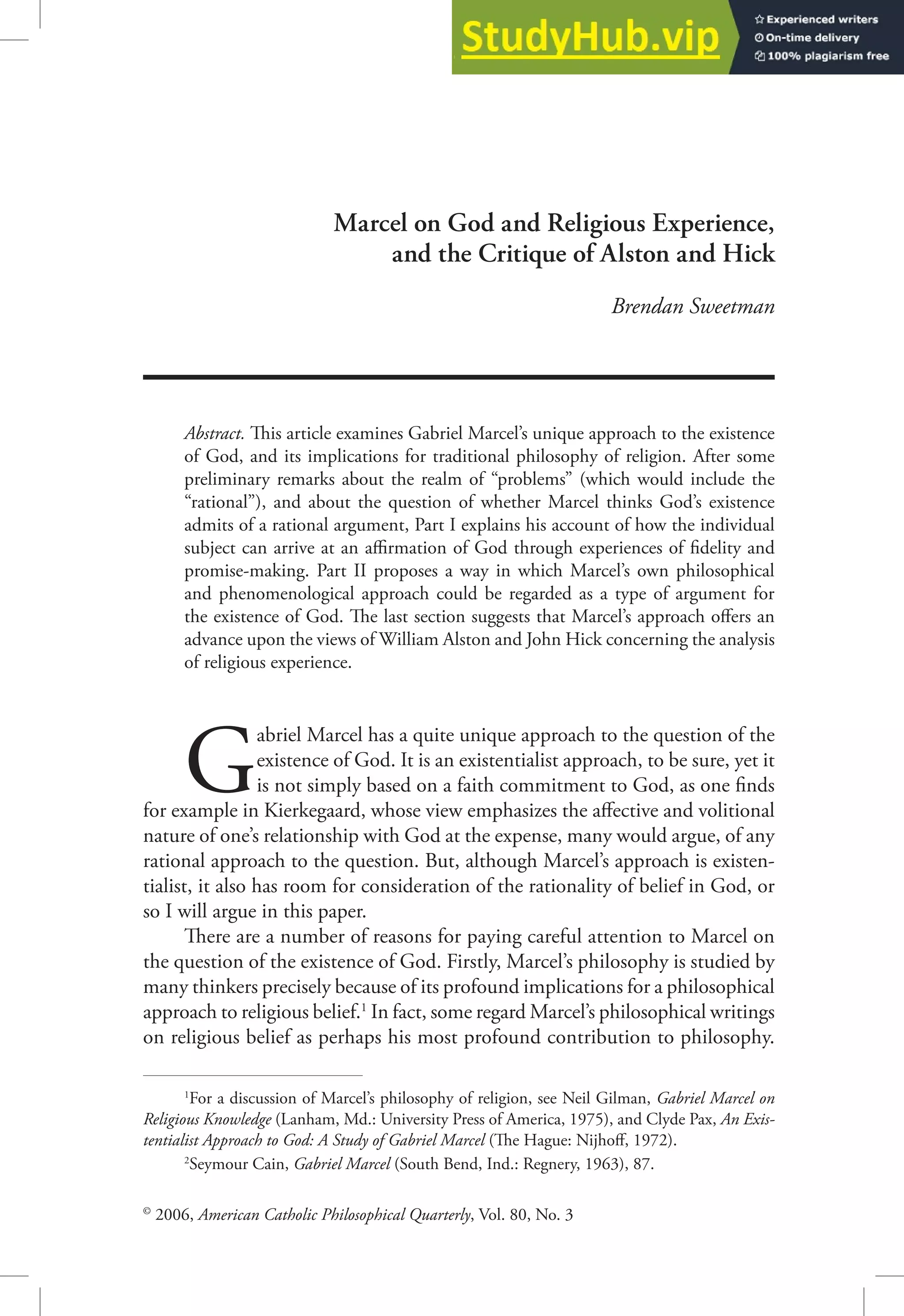 ARTICLE Marcel on God and Religious Experience, and the critique of ...