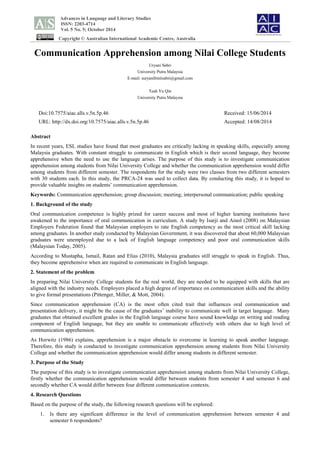 Communication Apprehension among Nilai College Students Article masters | PDF | College ...