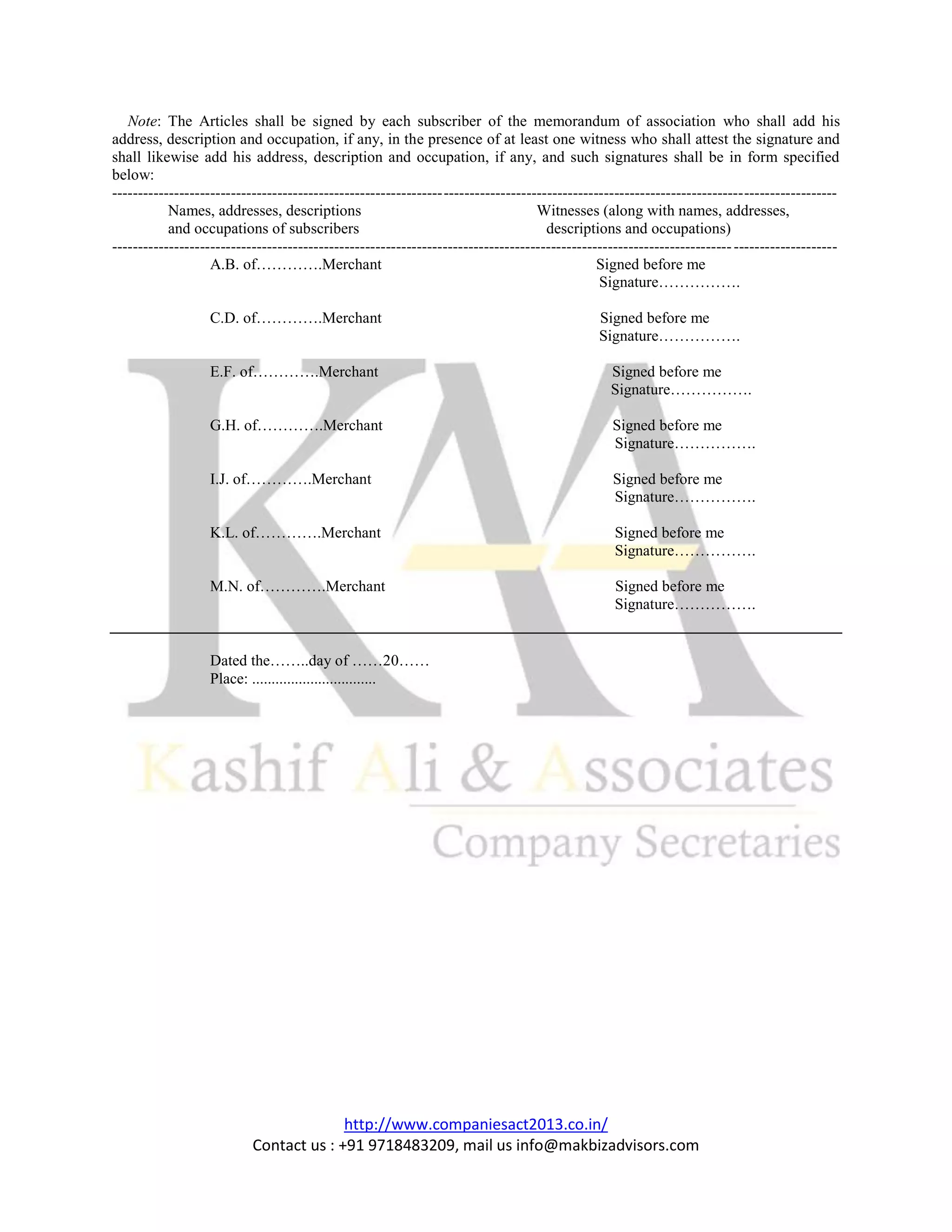 Format of AOA (Article of Association) as per New Companies Act 2013 | DOCX