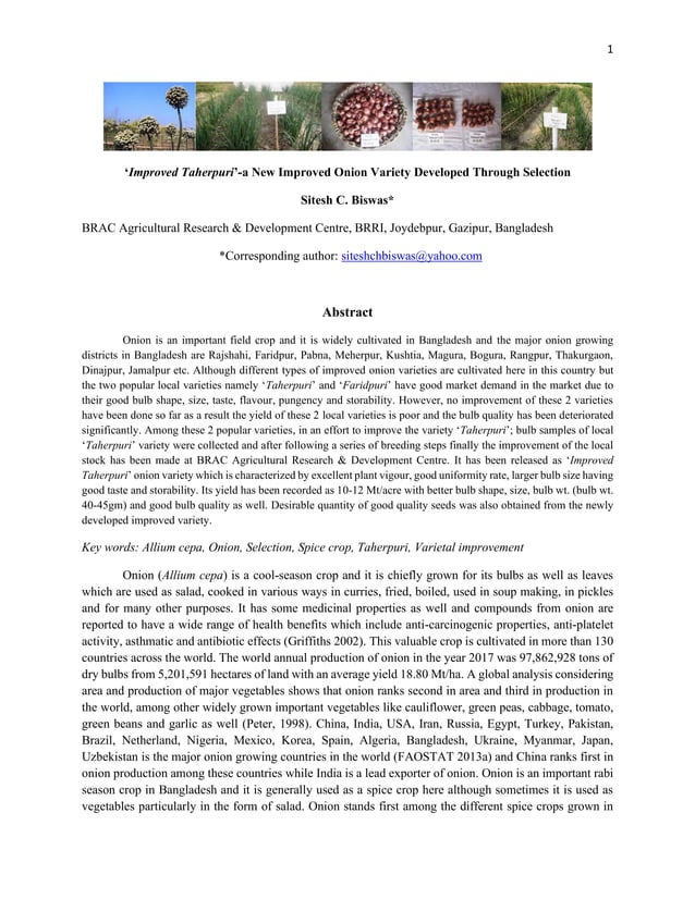 ‘Improved Taherpuri’- a New Improved Onion Variety Developed Through Selection | PDF