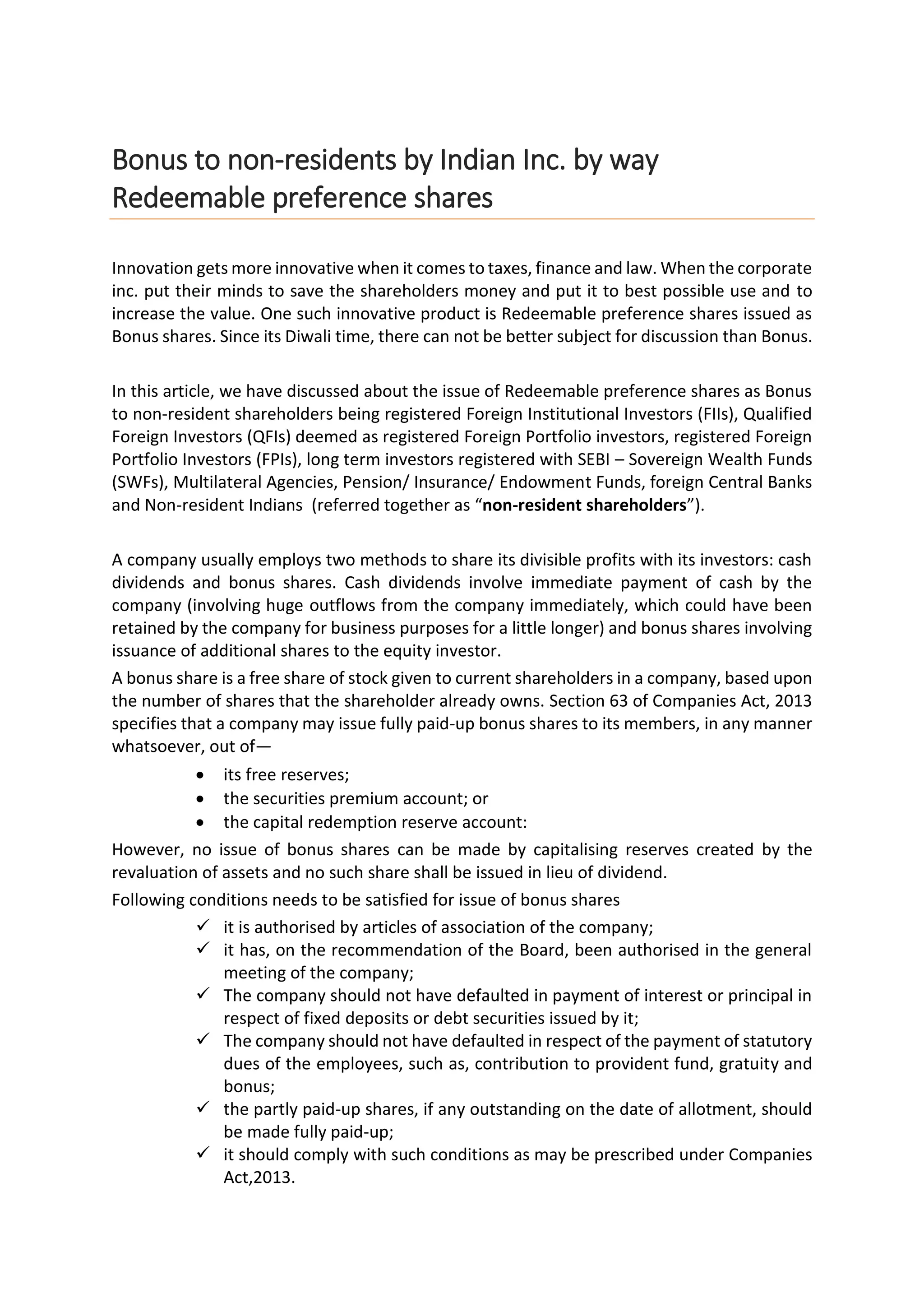 Article on Redeemable Preference Shares as Bonus | PDF