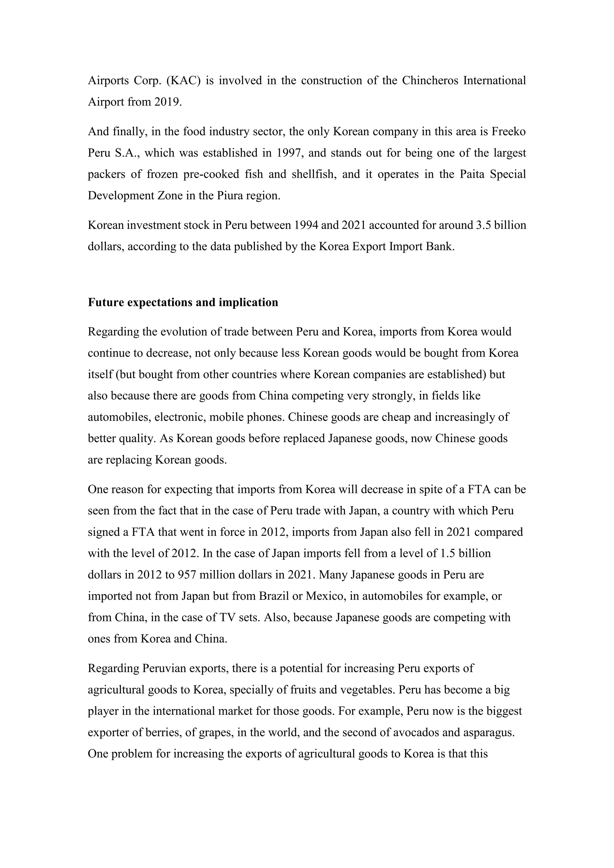Evolution of trade relations between Peru and South Korea eleven years ...