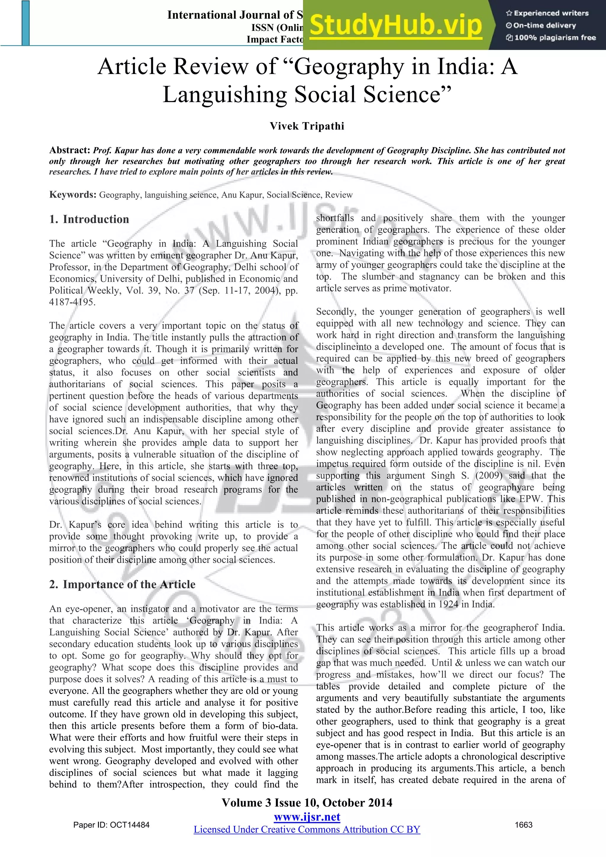 Article Review Of Geography In India A Languishing Social Science | PDF