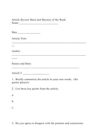 Article Review Sheet and Mystery of the WeekName _______________.docx