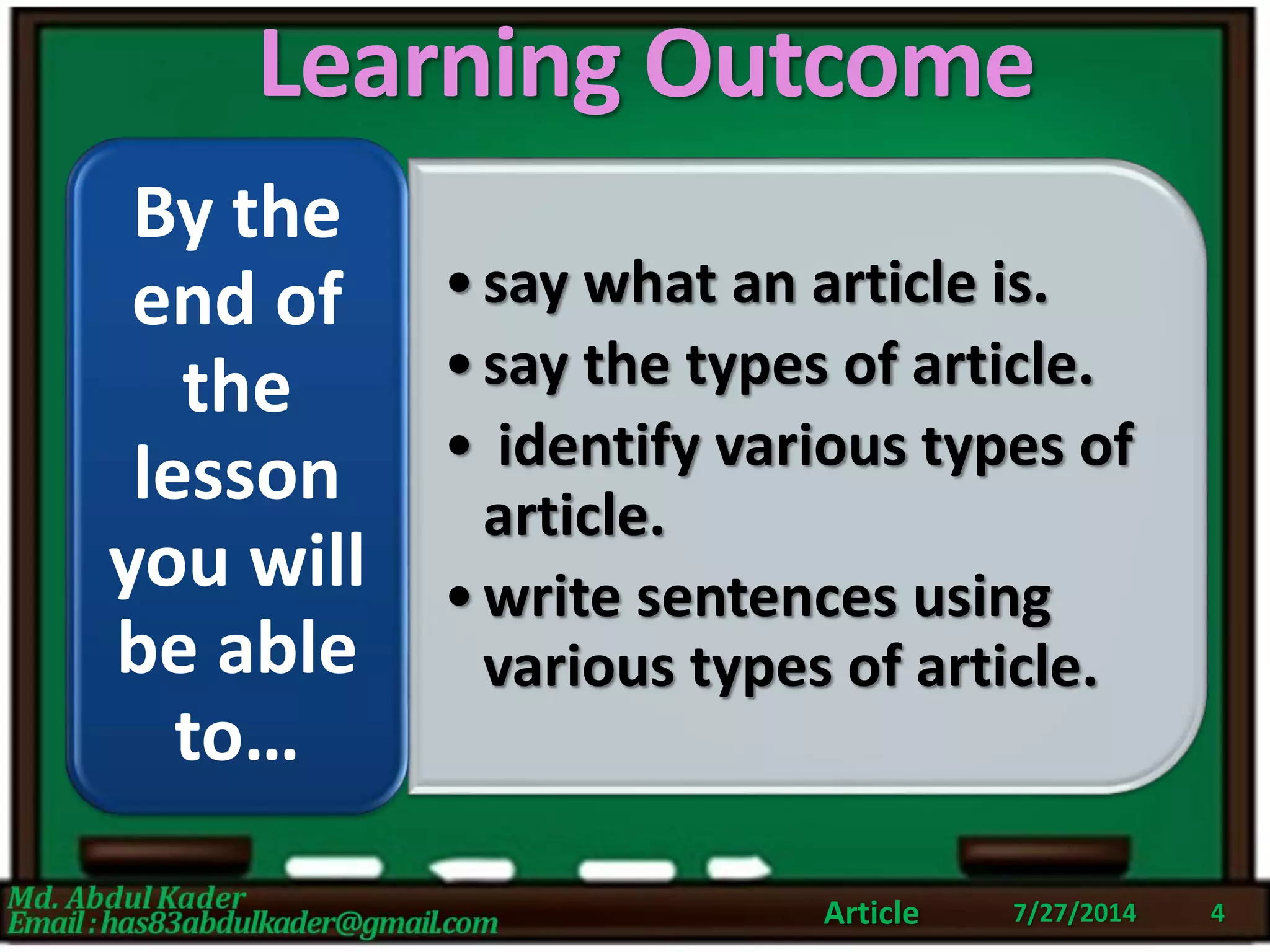 Articles (Part -1of 7) - Definition & Classifications | PPT
