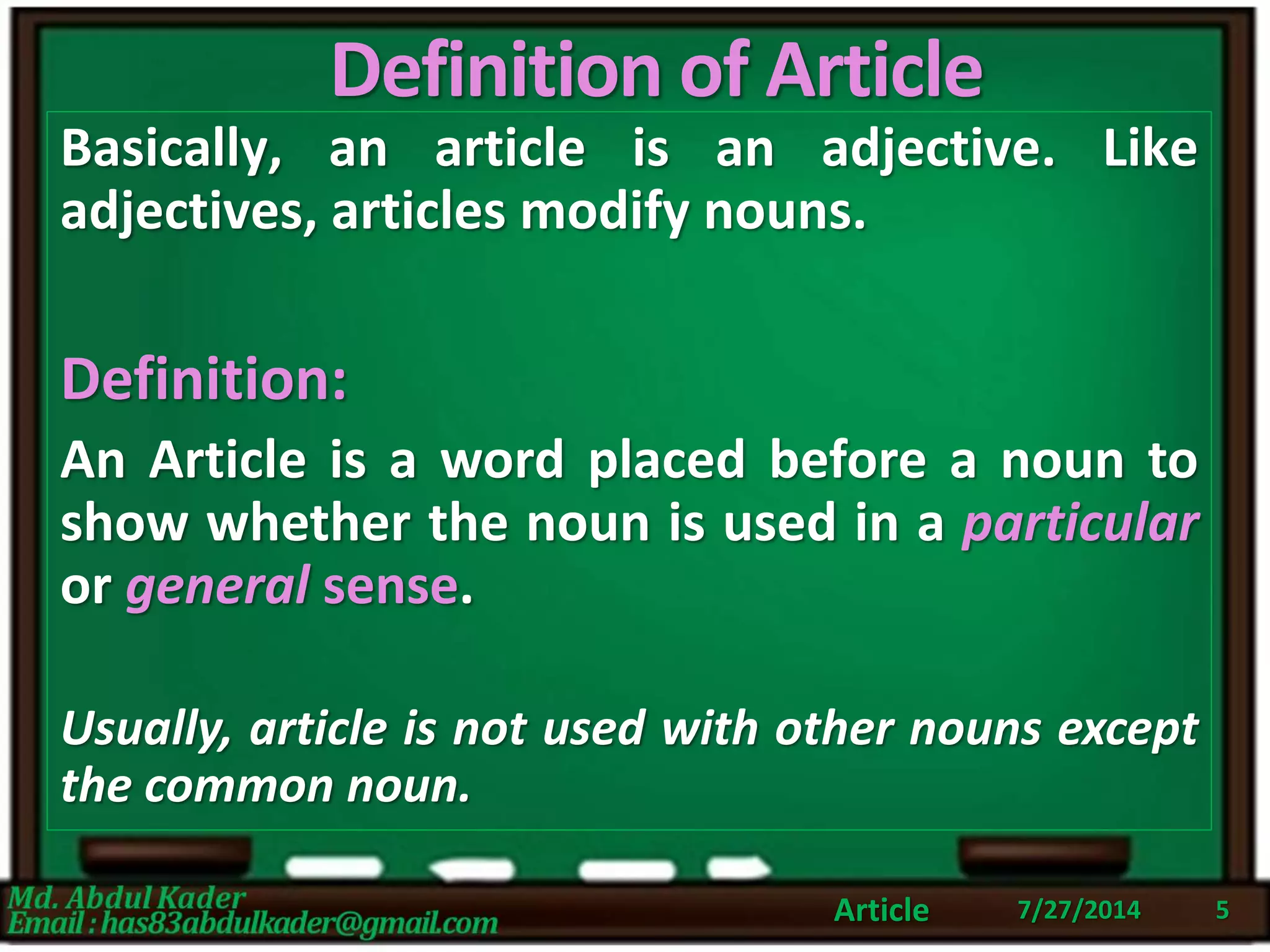 Articles (Part -1of 7) - Definition & Classifications | PPTX