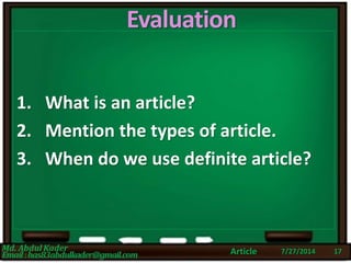 Articles (Part -1of 7) - Definition & Classifications | PPT