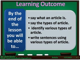 Articles (Part -1of 7) - Definition & Classifications | PPTX