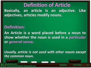 Articles (Part -1of 7) - Definition & Classifications | PPT