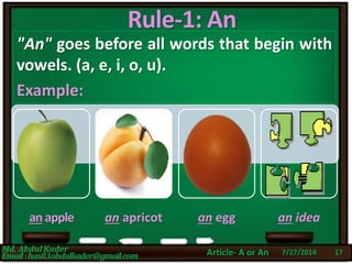 Articles- (Part-2 of 7) A or An | PPTX