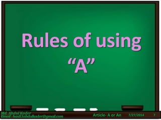 Articles- (Part-2 of 7) A or An | PPTX