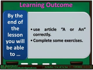 Articles (Part -03 of 07) - Use of a or an | PPTX