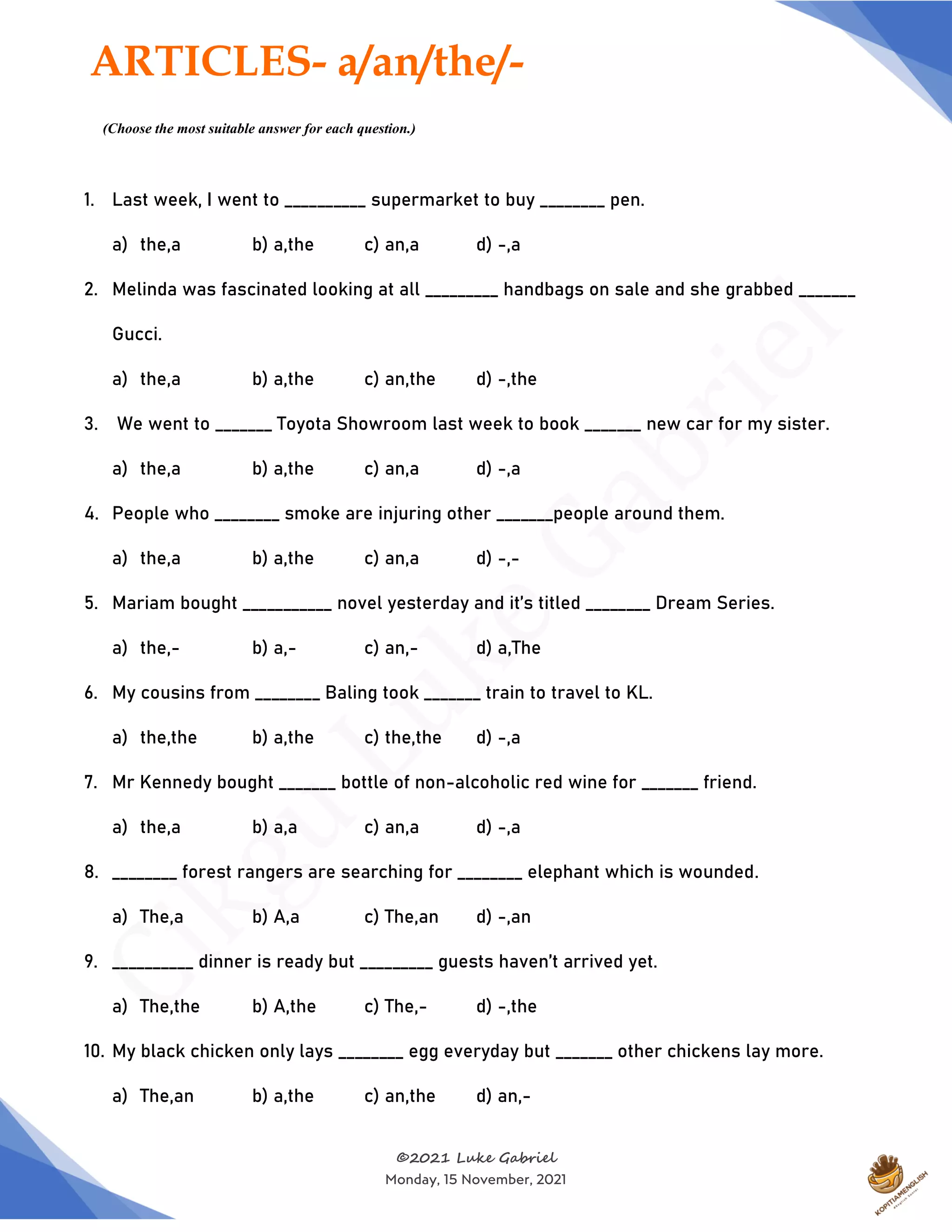 Articles - a/an/the/- | PDF