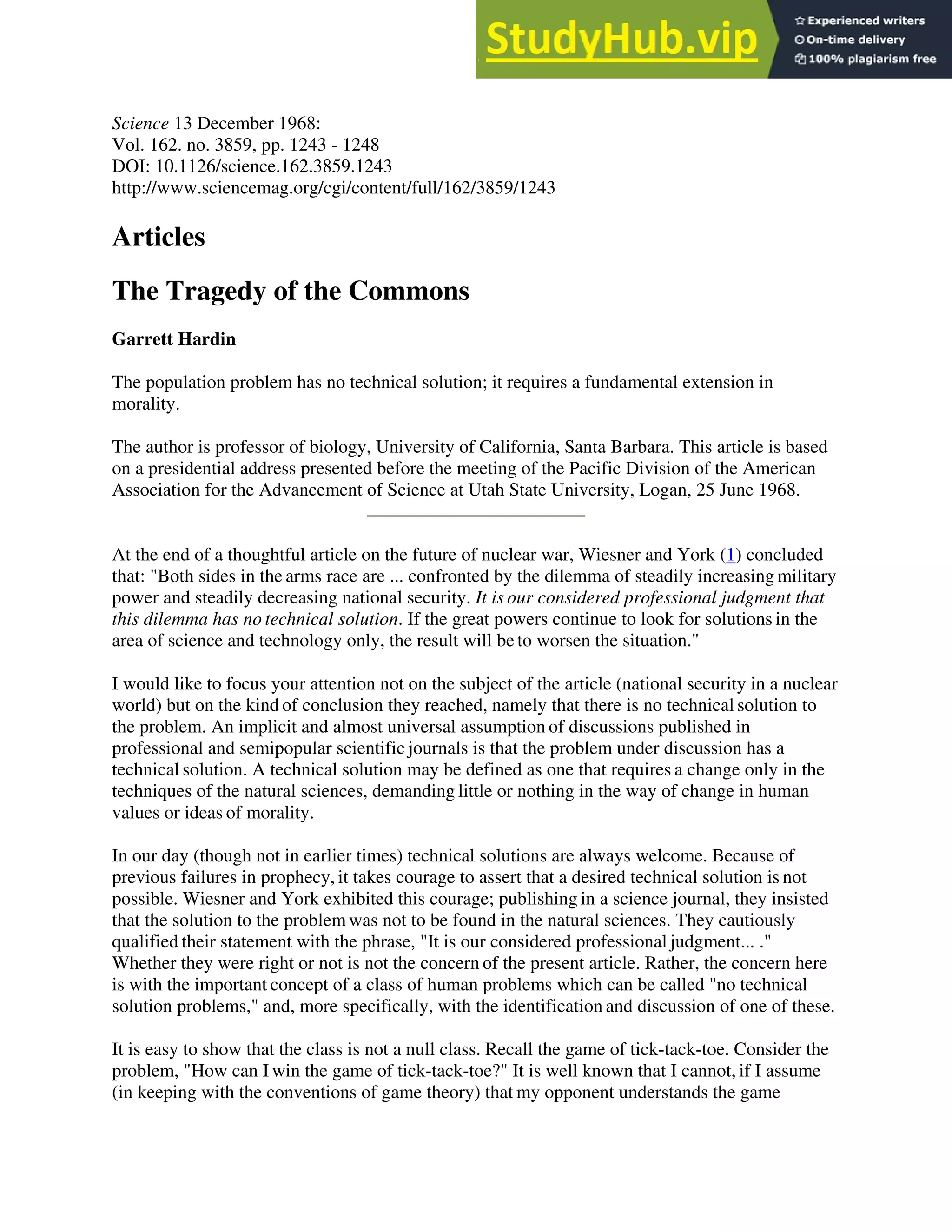 Articles The Tragedy Of The Commons | PDF