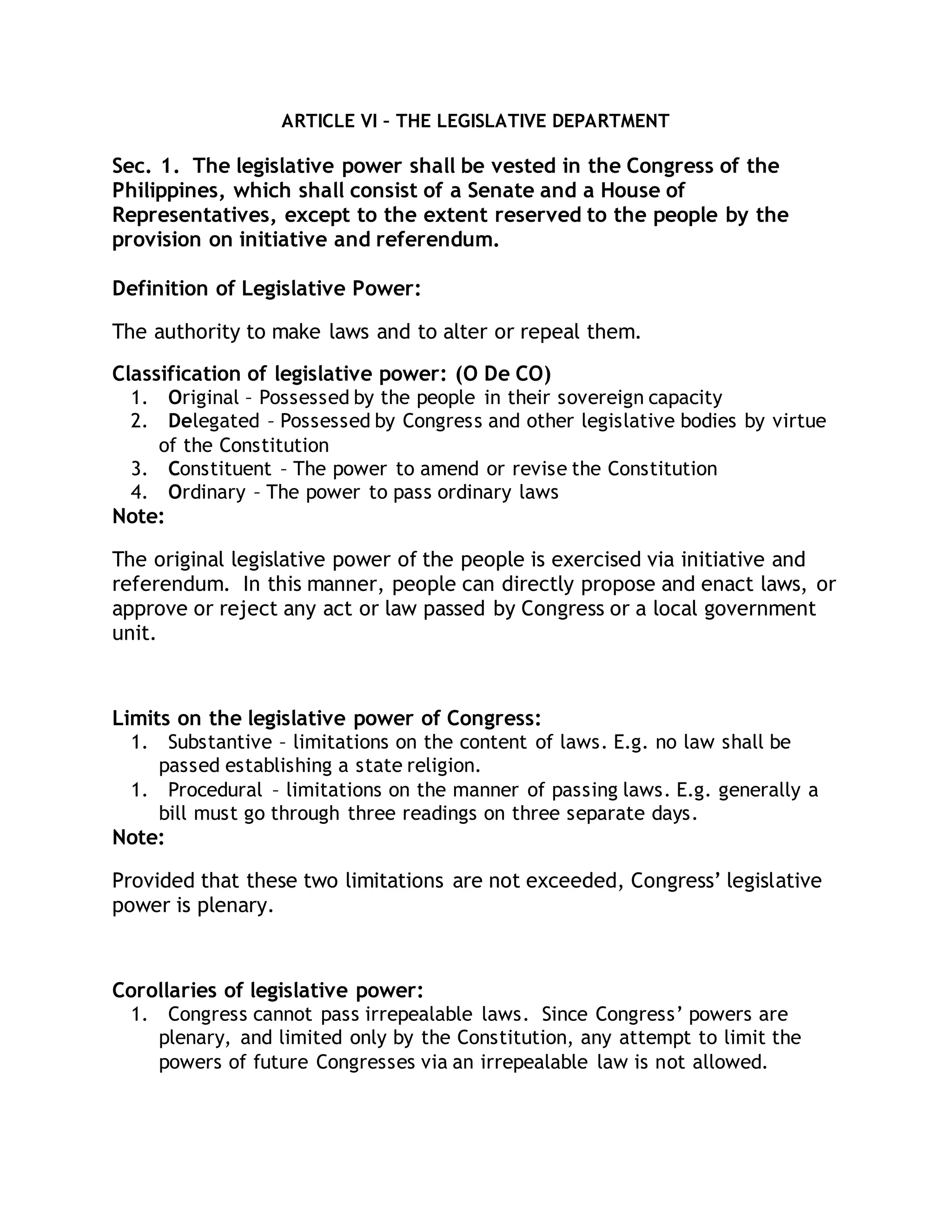 Article vi legislative power | DOC