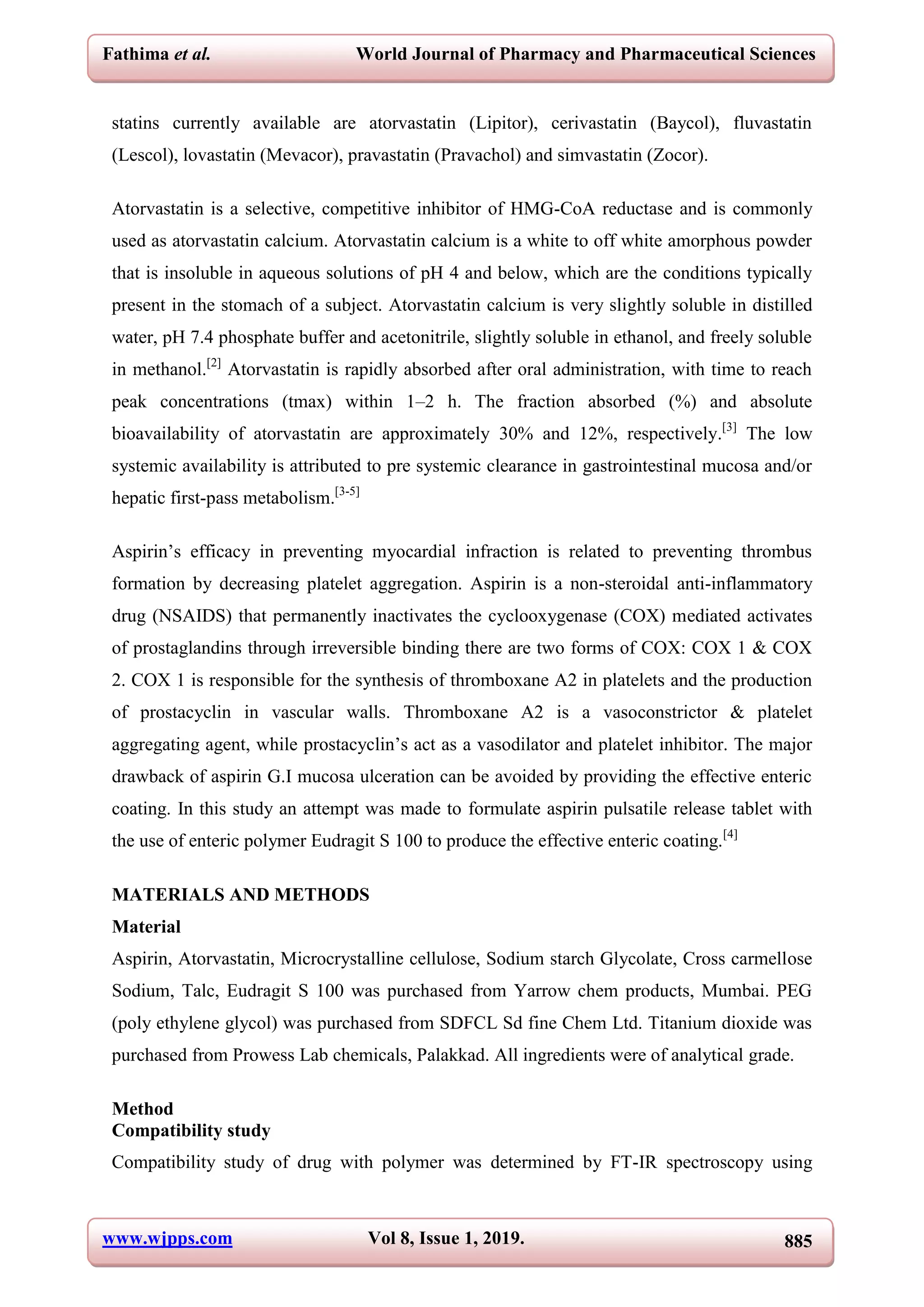 Bilayer Tablets of Aspirin and Atorvastatin | PDF