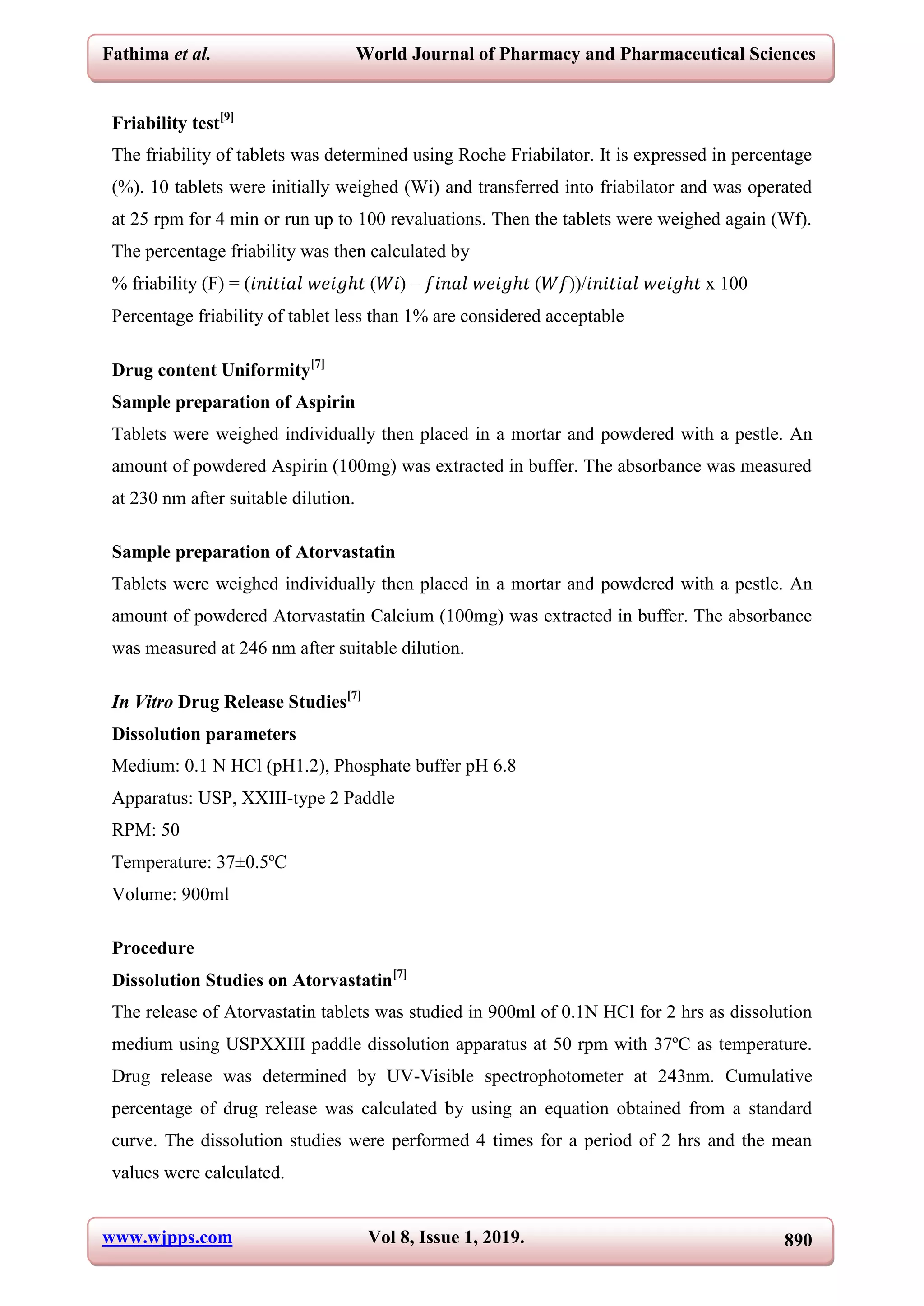 Bilayer Tablets of Aspirin and Atorvastatin | PDF
