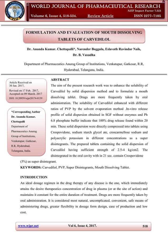 FORMULATION AND EVALUATION OF MOUTH DISSOLVING TABLETS OF CARVEDILOL | PDF