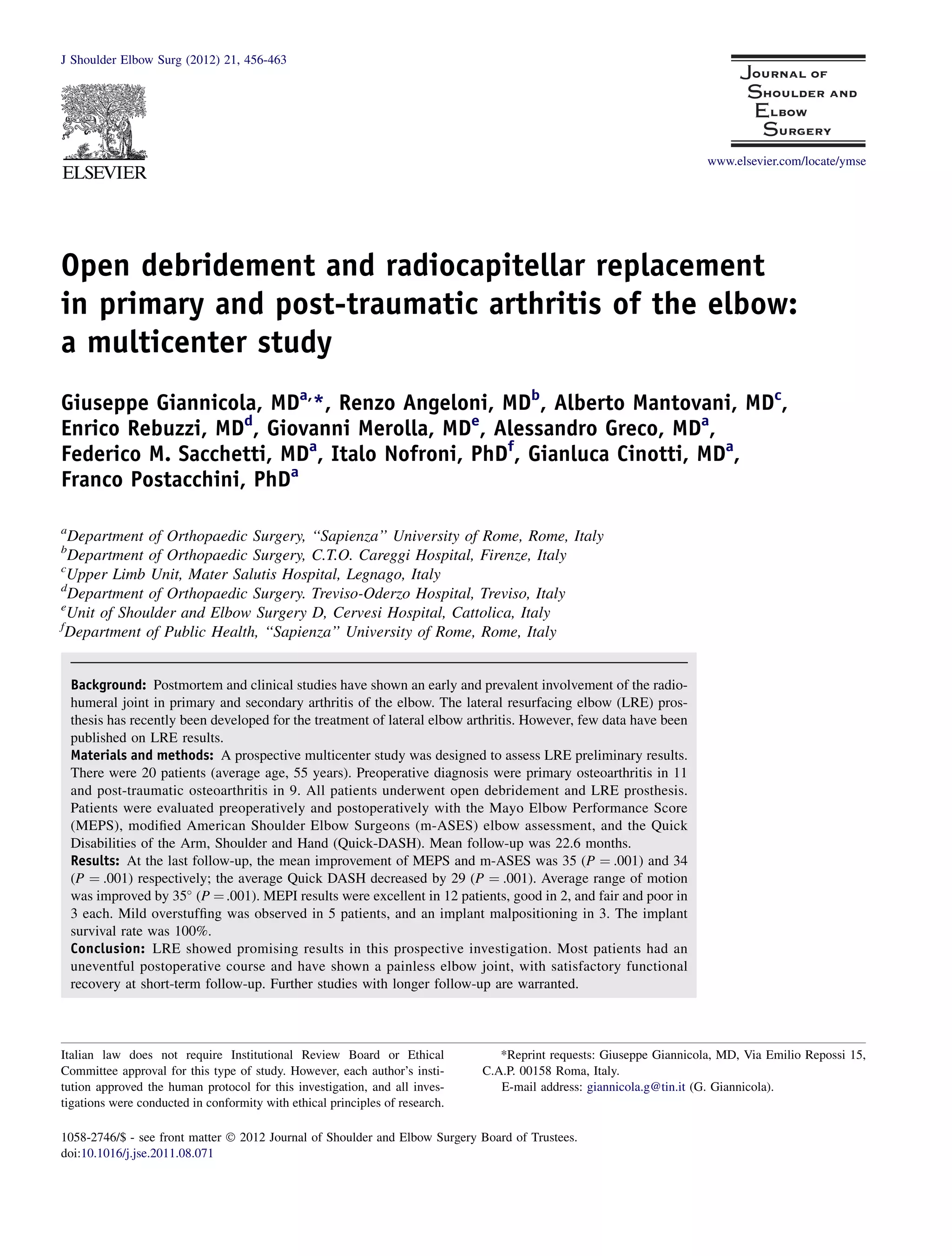 Open debridement and radiocapitellar replacement in primary and post ...