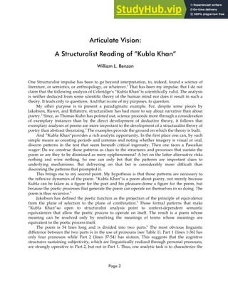 Articulate Vision A Structuralist Reading Of Kubla Khan | PDF