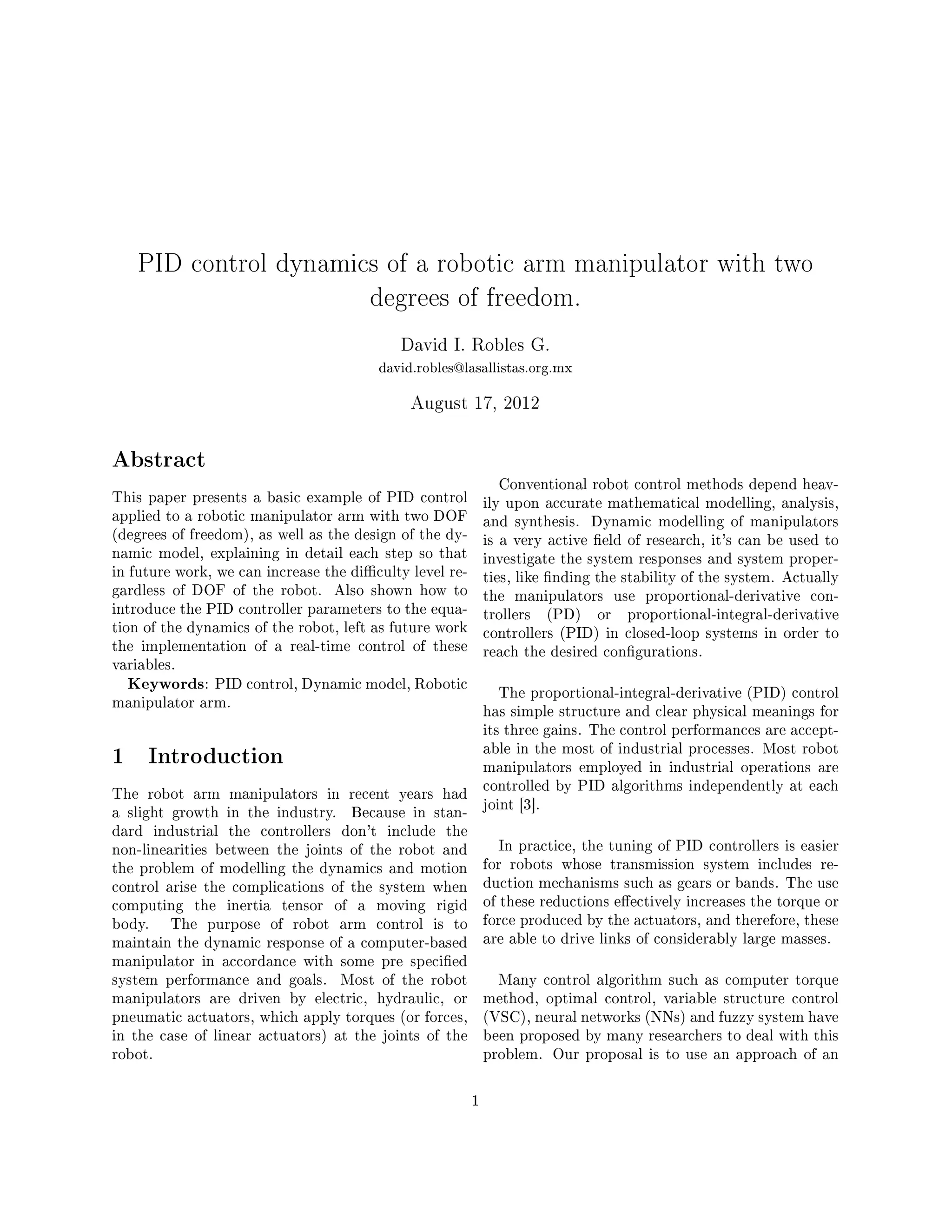 PID control dynamics of a robotic arm manipulator with two degrees of freedom. | PDF