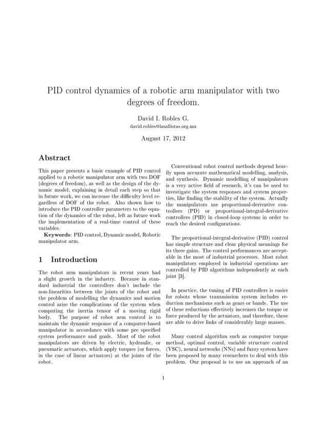 PID control dynamics of a robotic arm manipulator with two degrees of ...
