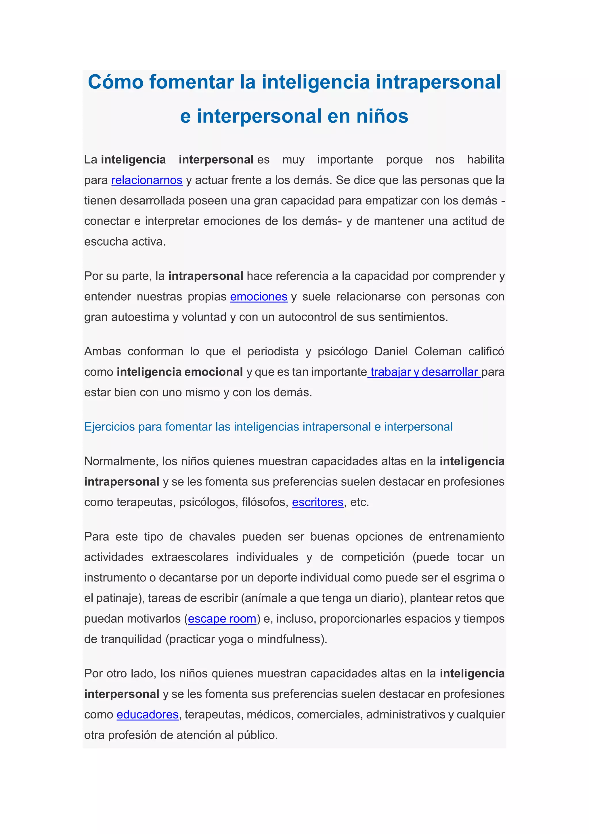 Cómo fomentar la inteligencia intrapersonal e interpersonal en niños | DOCX