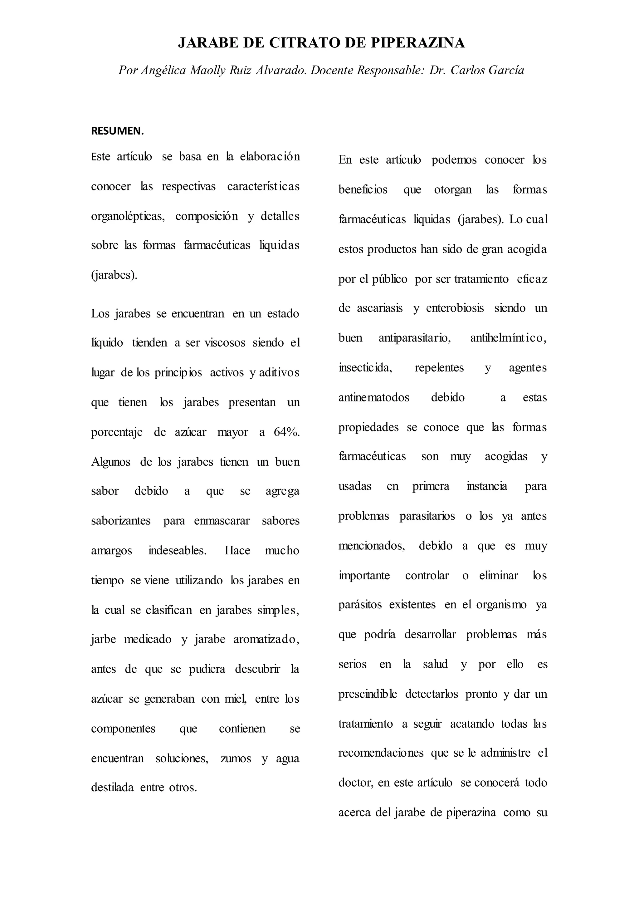 Articulo de jarabe citrato de piperazina | DOCX