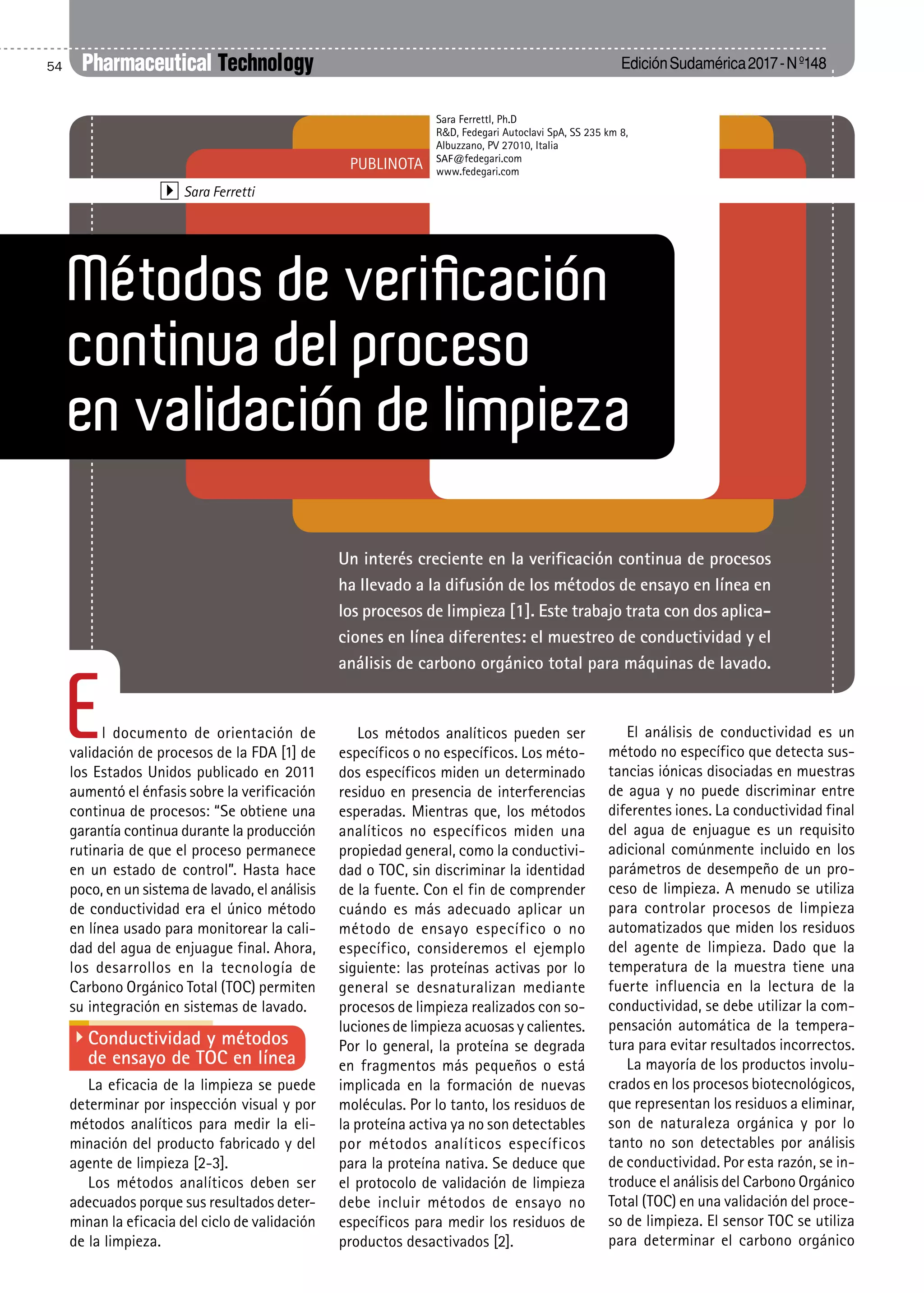 Métodos de verificaciòn continua del proceso en validaciòn de limpieza ...