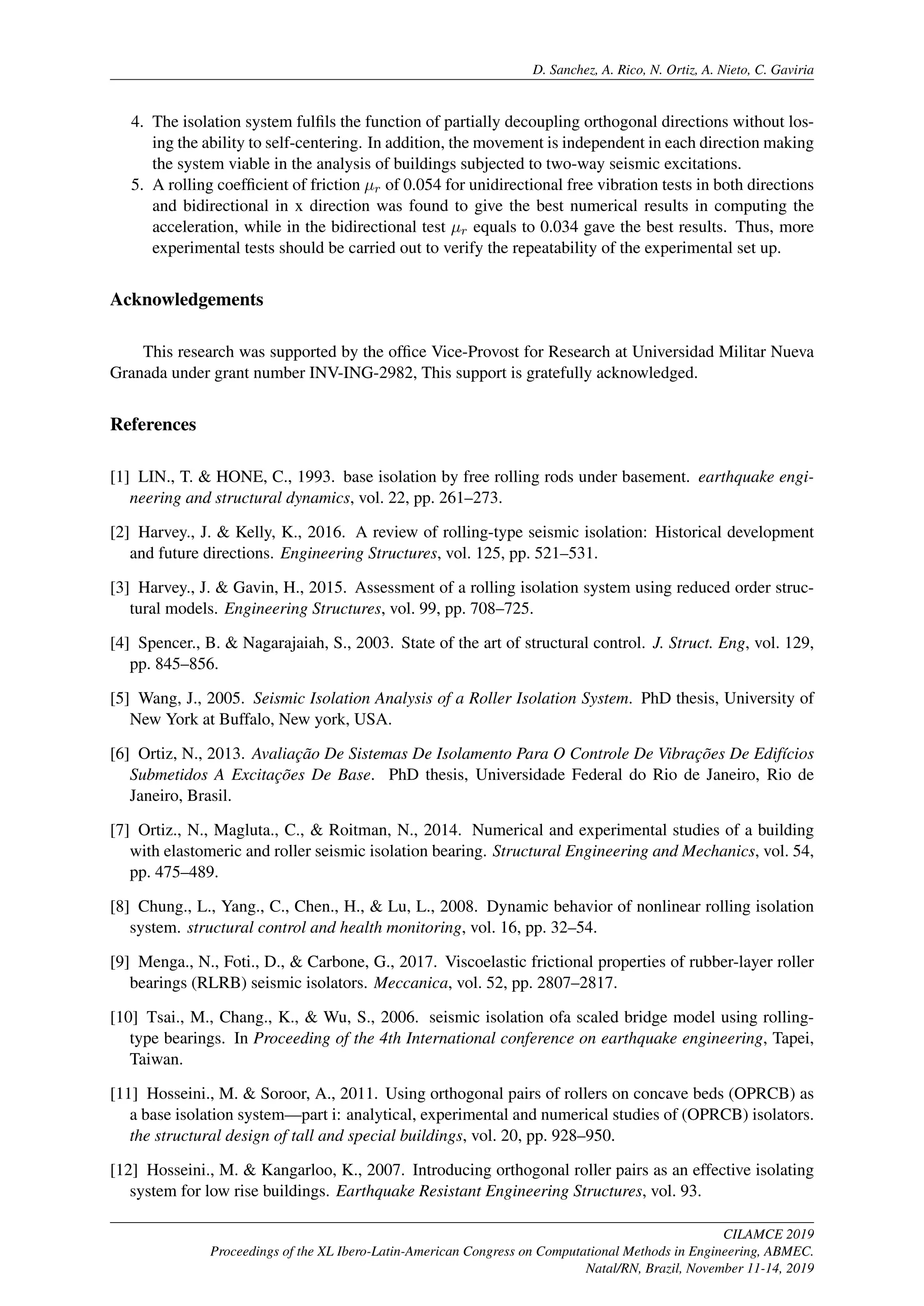 ASSESSMENT OF A ROLLER SEISMIC ISOLATION BEARING FOR BUILDINGS UNDER ...