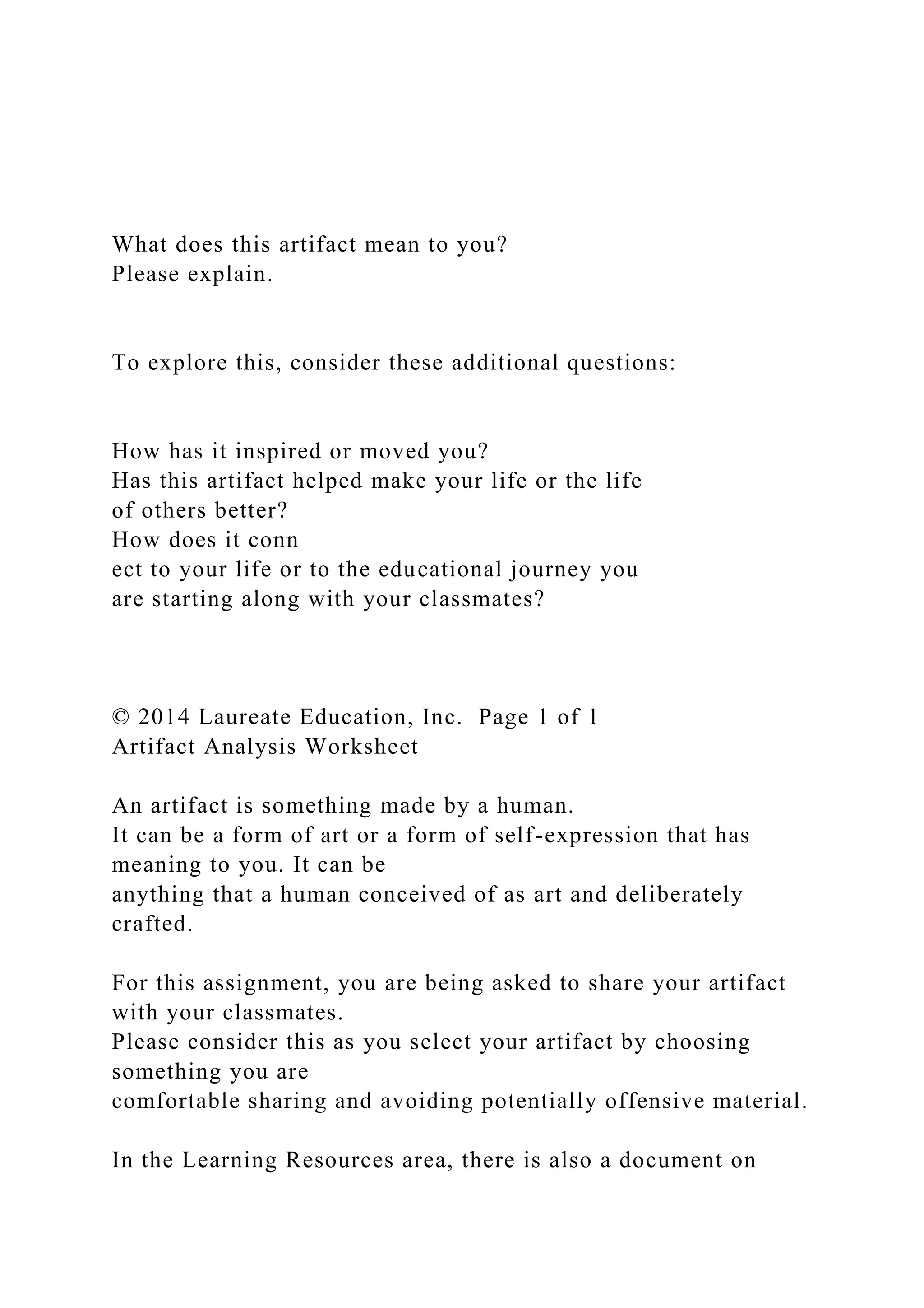 Artifact Analysis WorksheetAn artifact is something made by a hu.docx