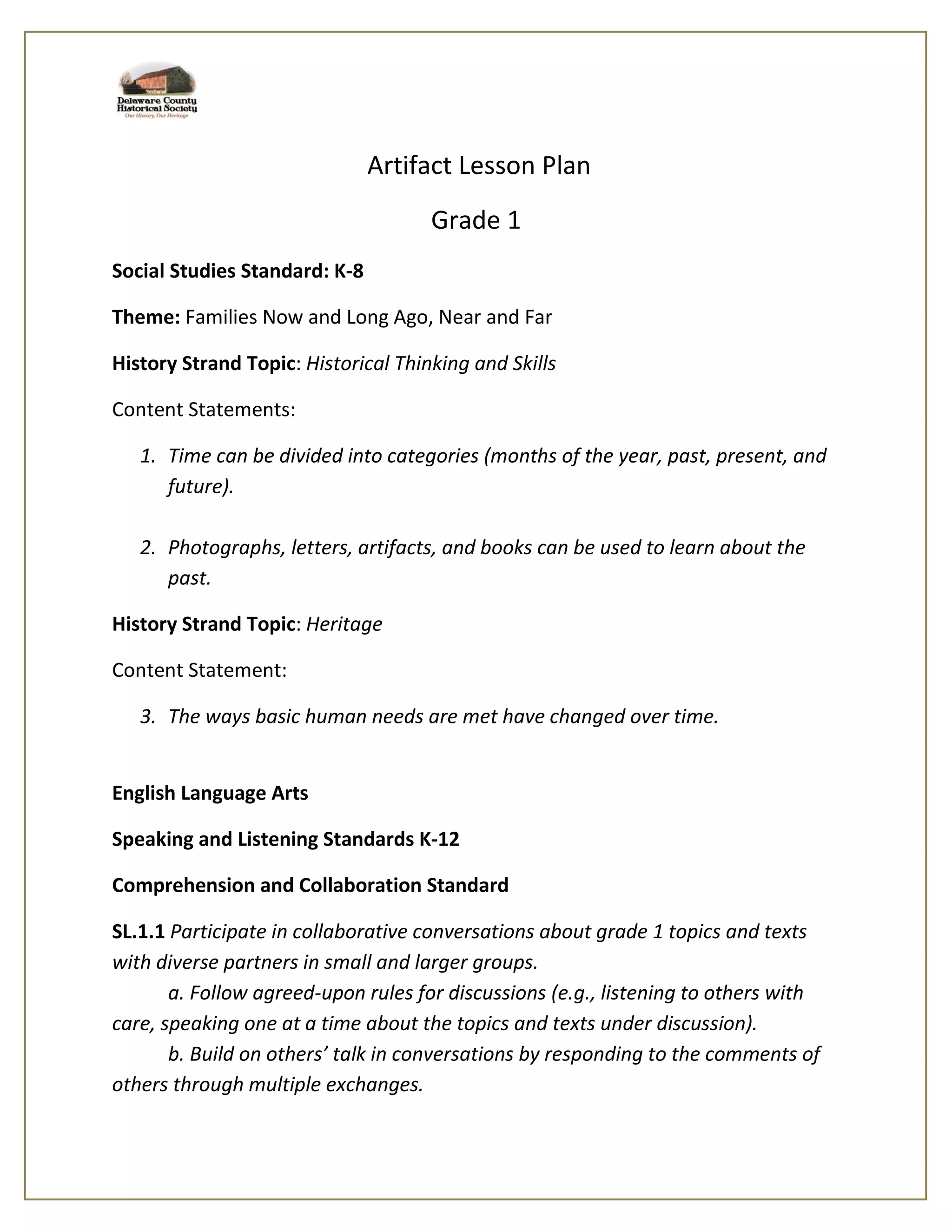 Artifact lesson plan gr. 1a | PDF