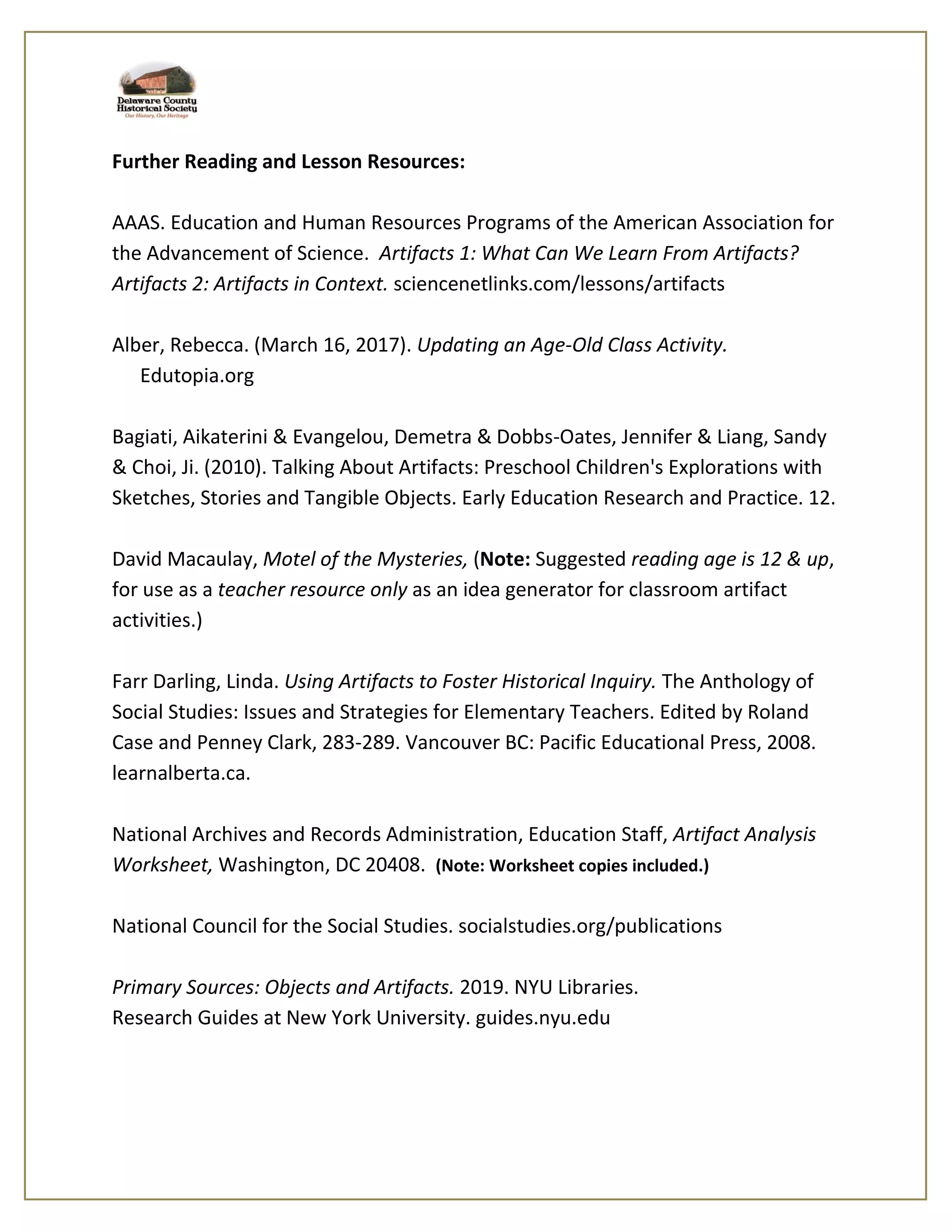 Artifact lesson plan gr. 1a | PDF