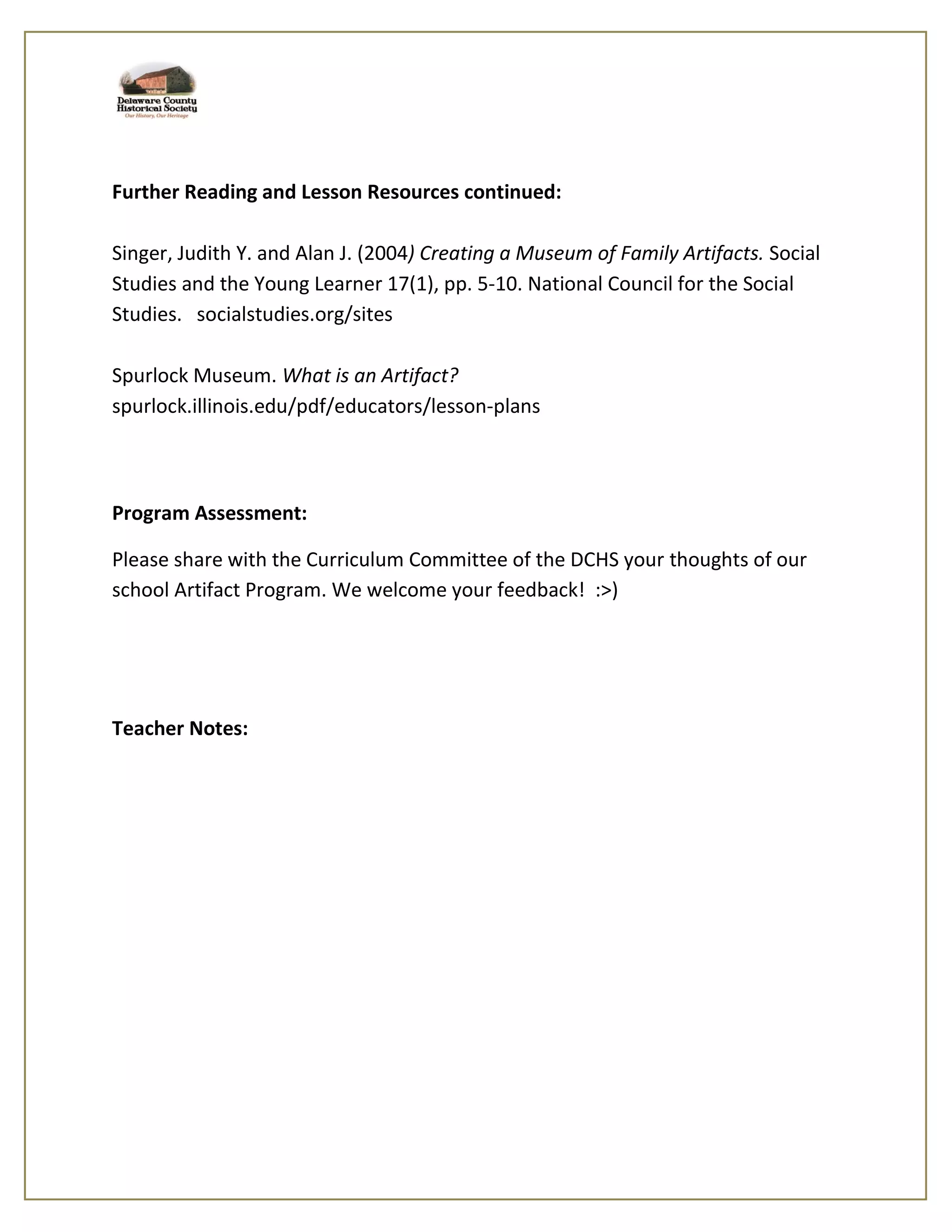 Artifact lesson plan gr. 1a | PDF