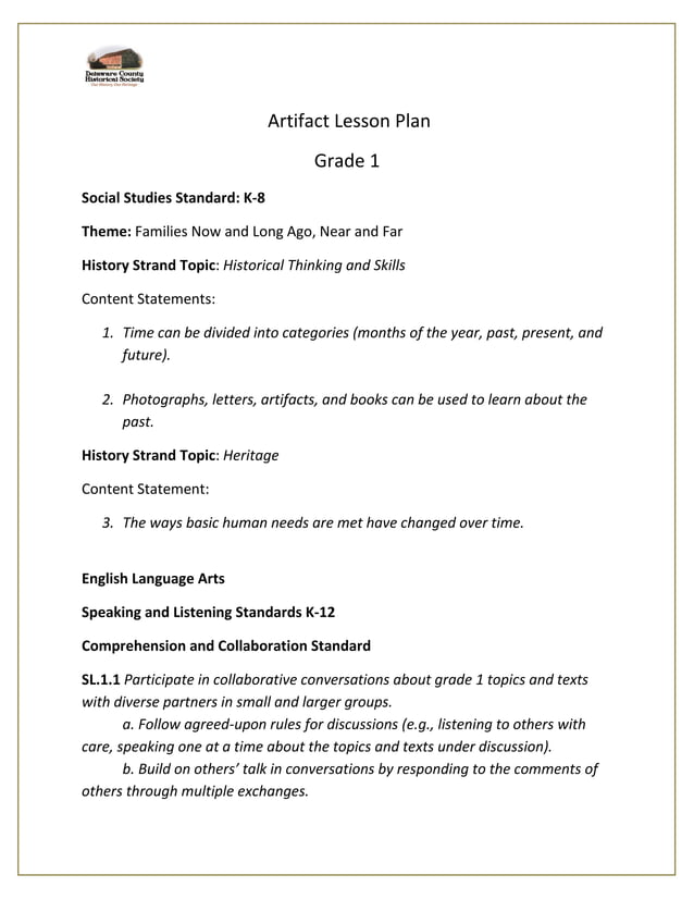 Artifact lesson plan gr. 1a | PDF | Arts and Crafts | Hobbies & Interests