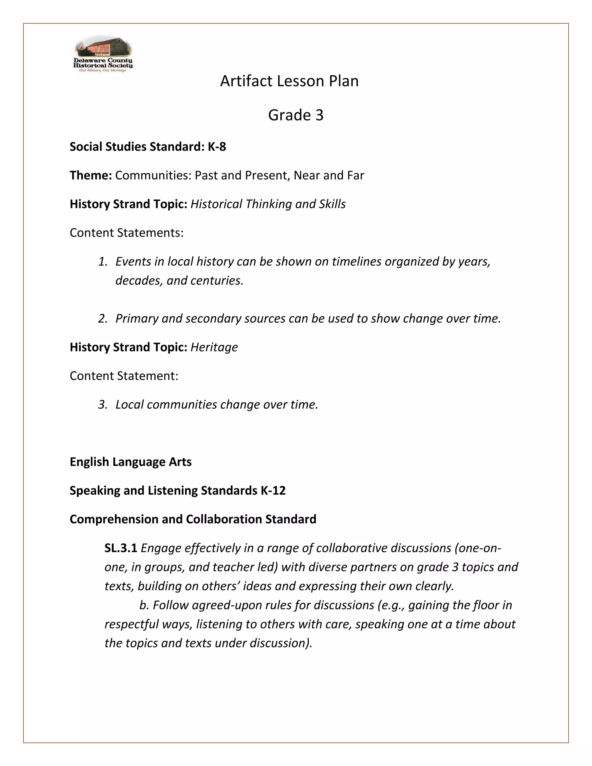 Artifact Lesson Plan Grade 3 | PDF