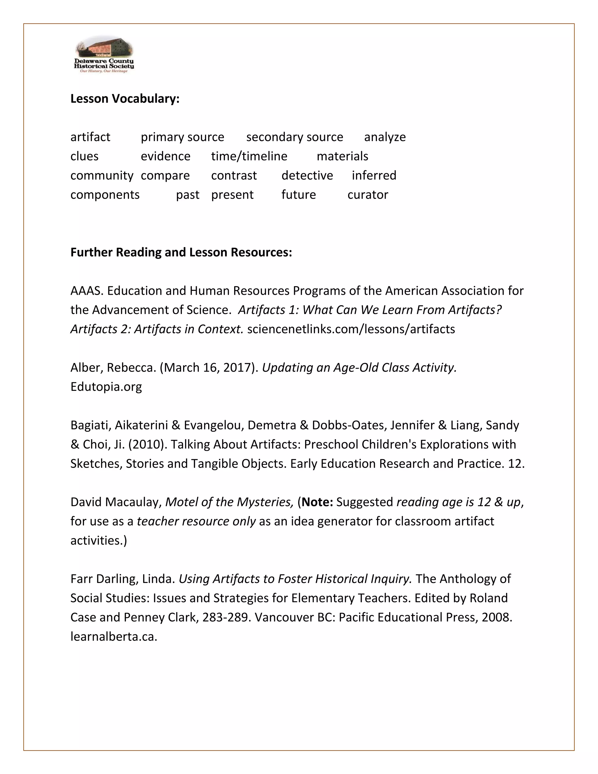 Artifact Lesson Plan Grade 3 | PDF