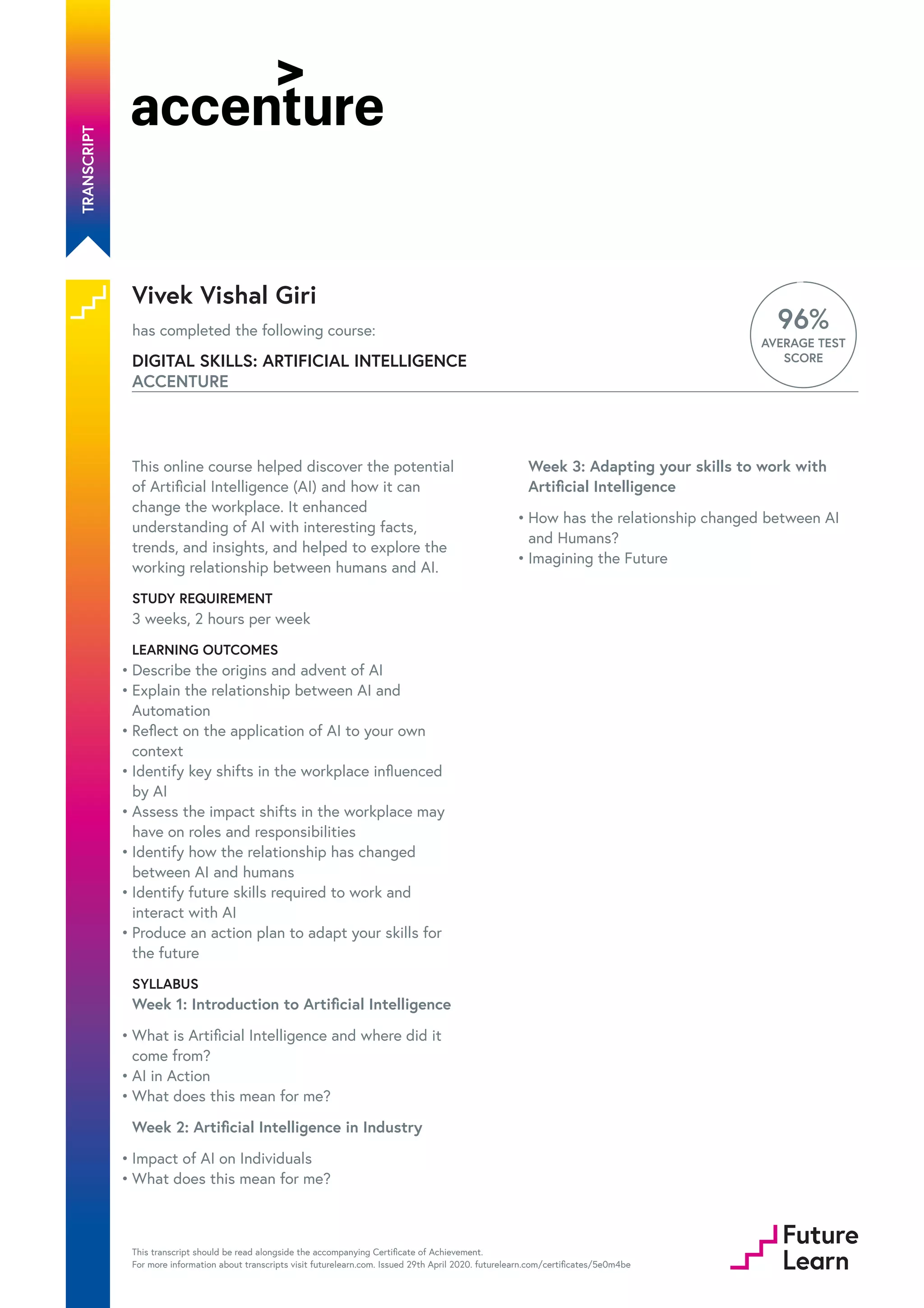 Artificial Intelligence Certificate | Future Learn | Accenture | PDF