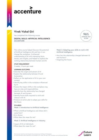 Artificial Intelligence Certificate | Future Learn | Accenture | PDF