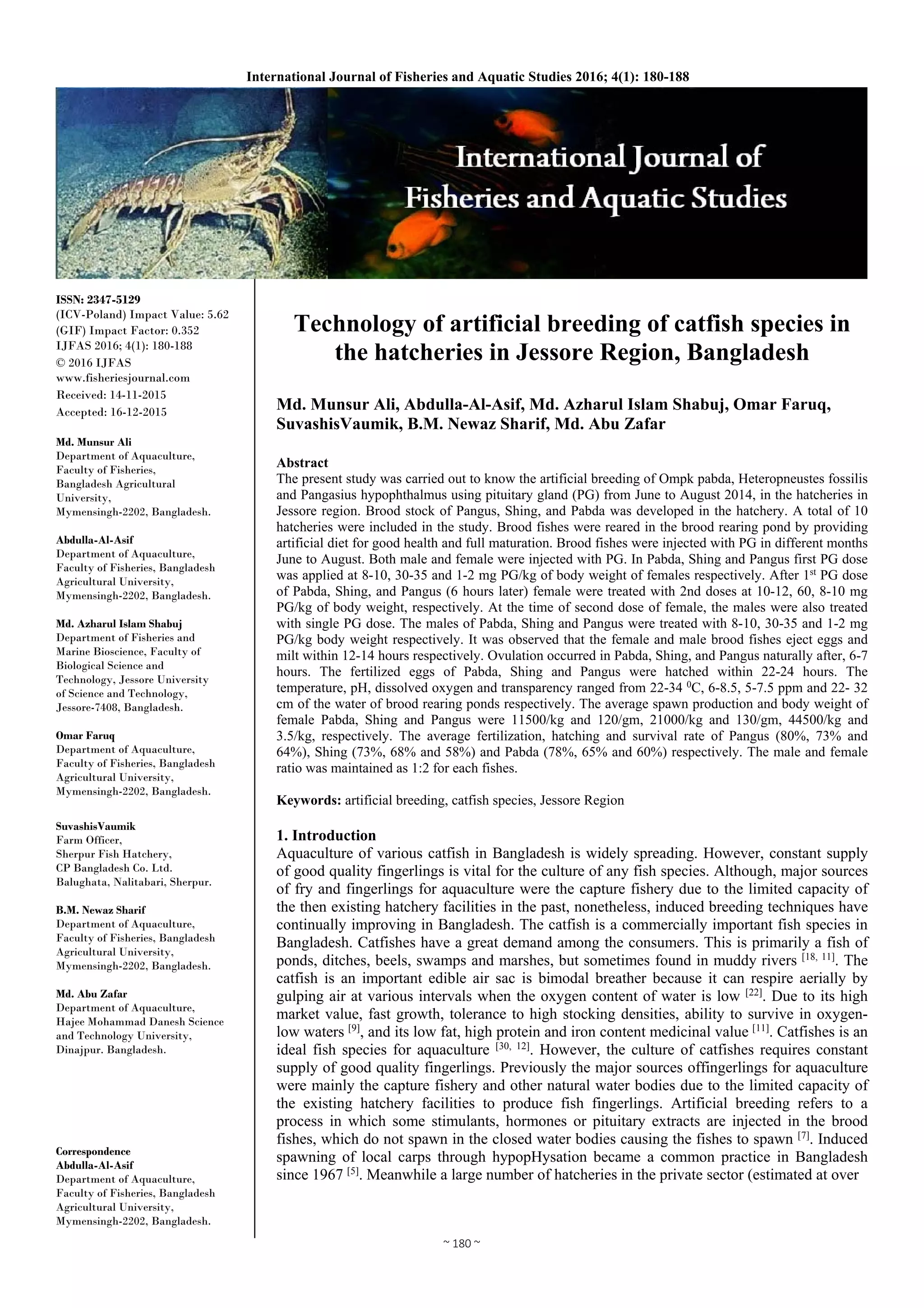 Technology of artificial breeding of catfish species in the hatcheries ...