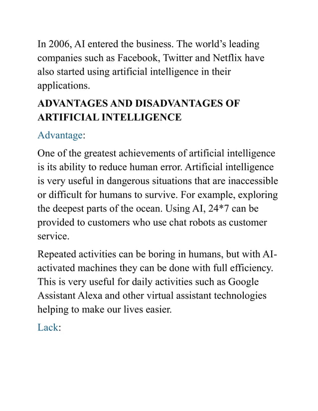 Artificial Intelligence Advantages and Disadvantages of Artificial intelligence | PDF