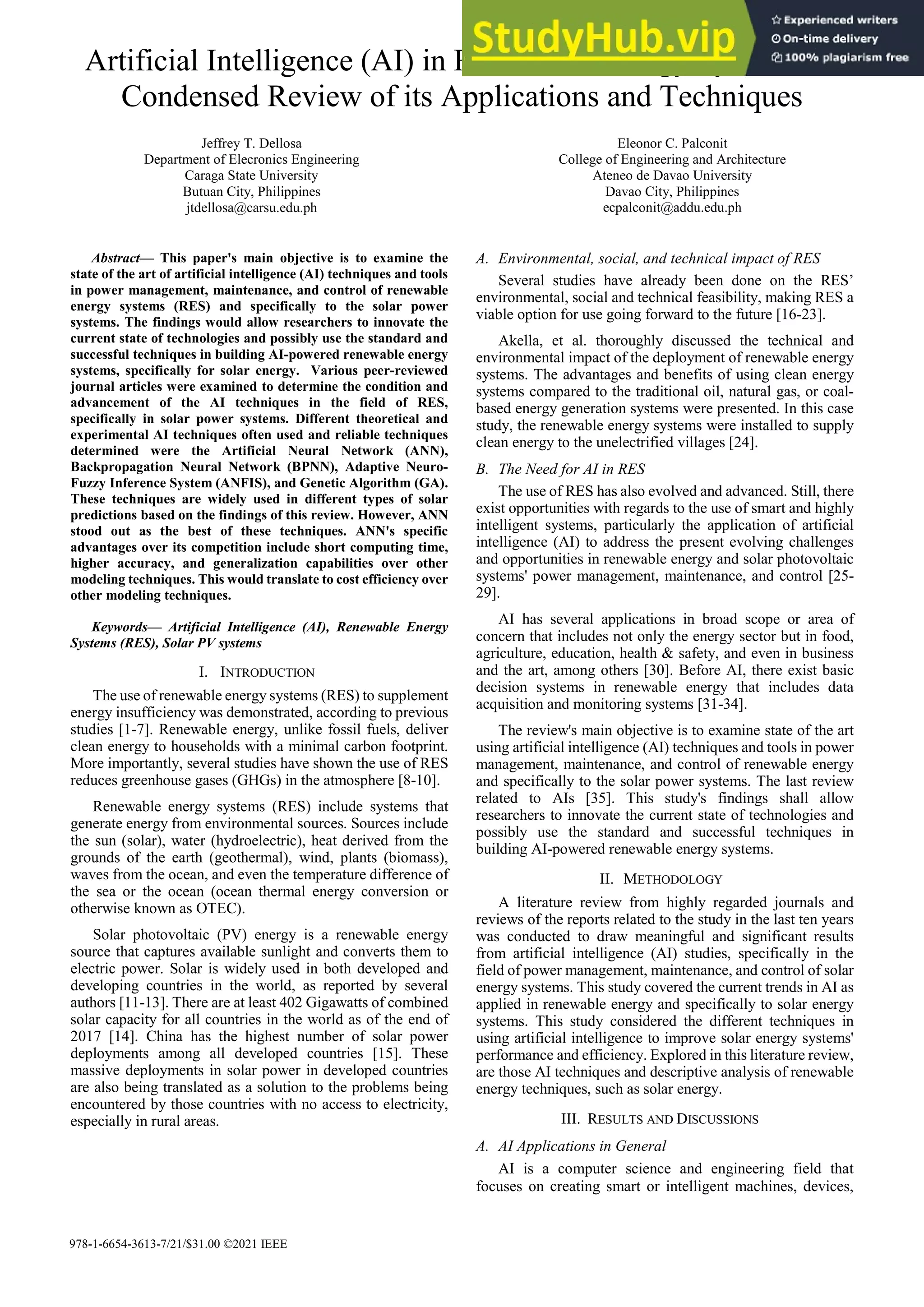 Artificial Intelligence (AI) In Renewable Energy Systems A Condensed Review Of Its Applications ...