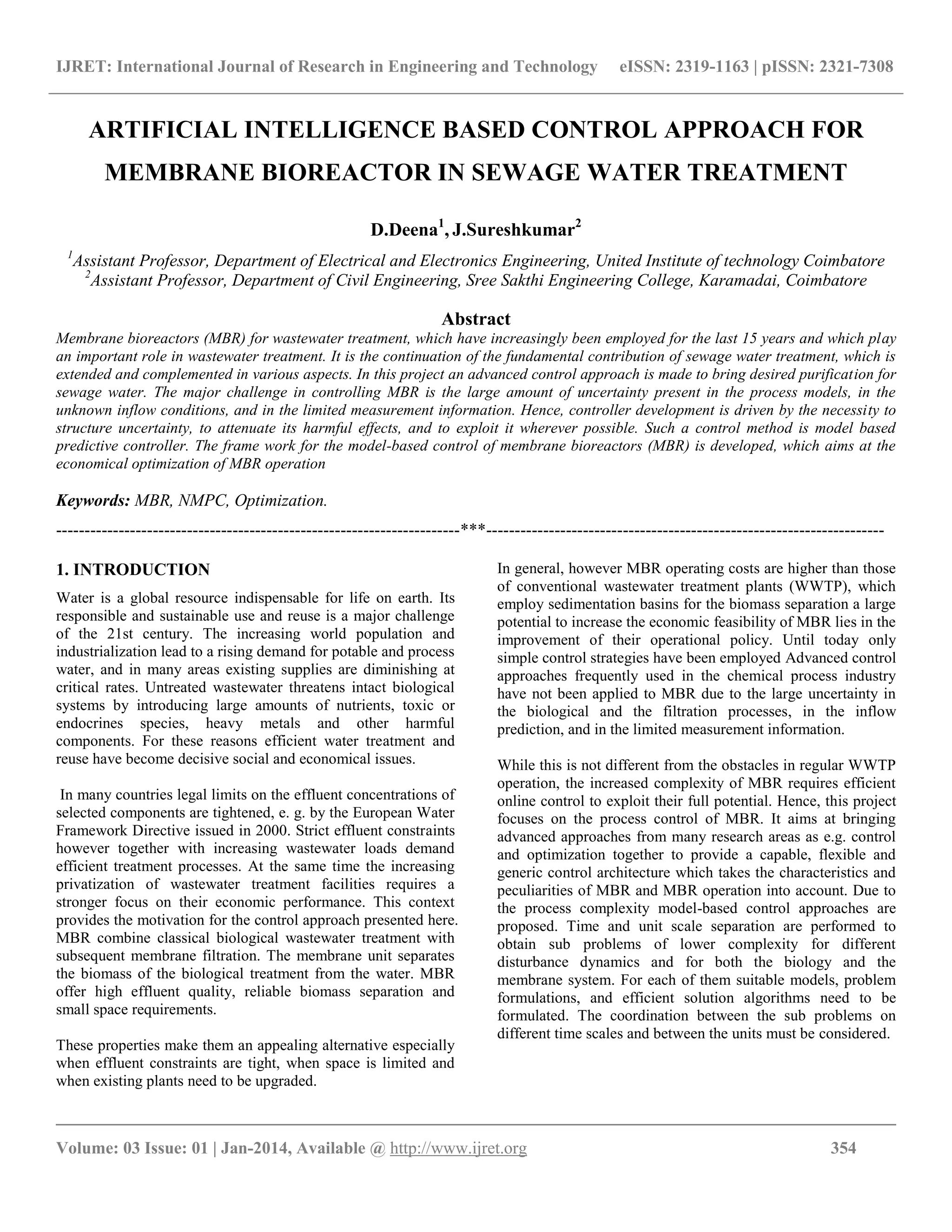 Artificial Intelligence Based Control Approach For Membrane Bioreactor